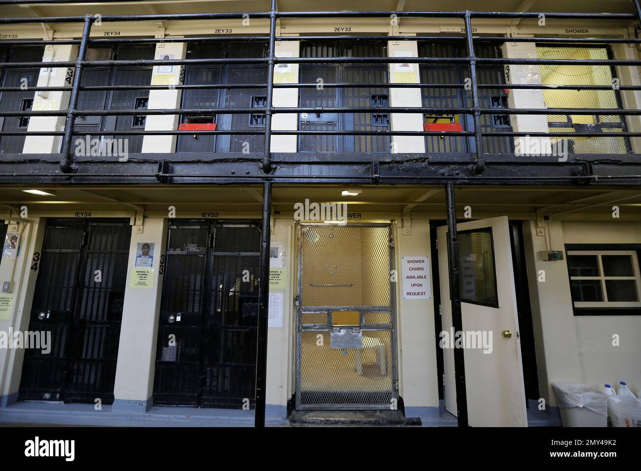A shower is seen in the east block of death row at San Quentin State ...