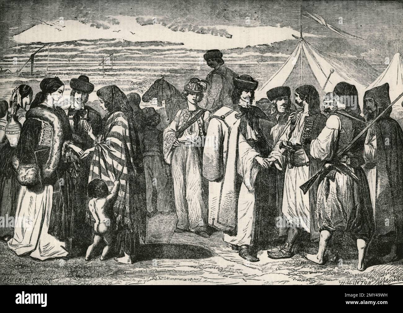 View of a market in the Hungarian Banat, illustration 1870 Stock Photo ...