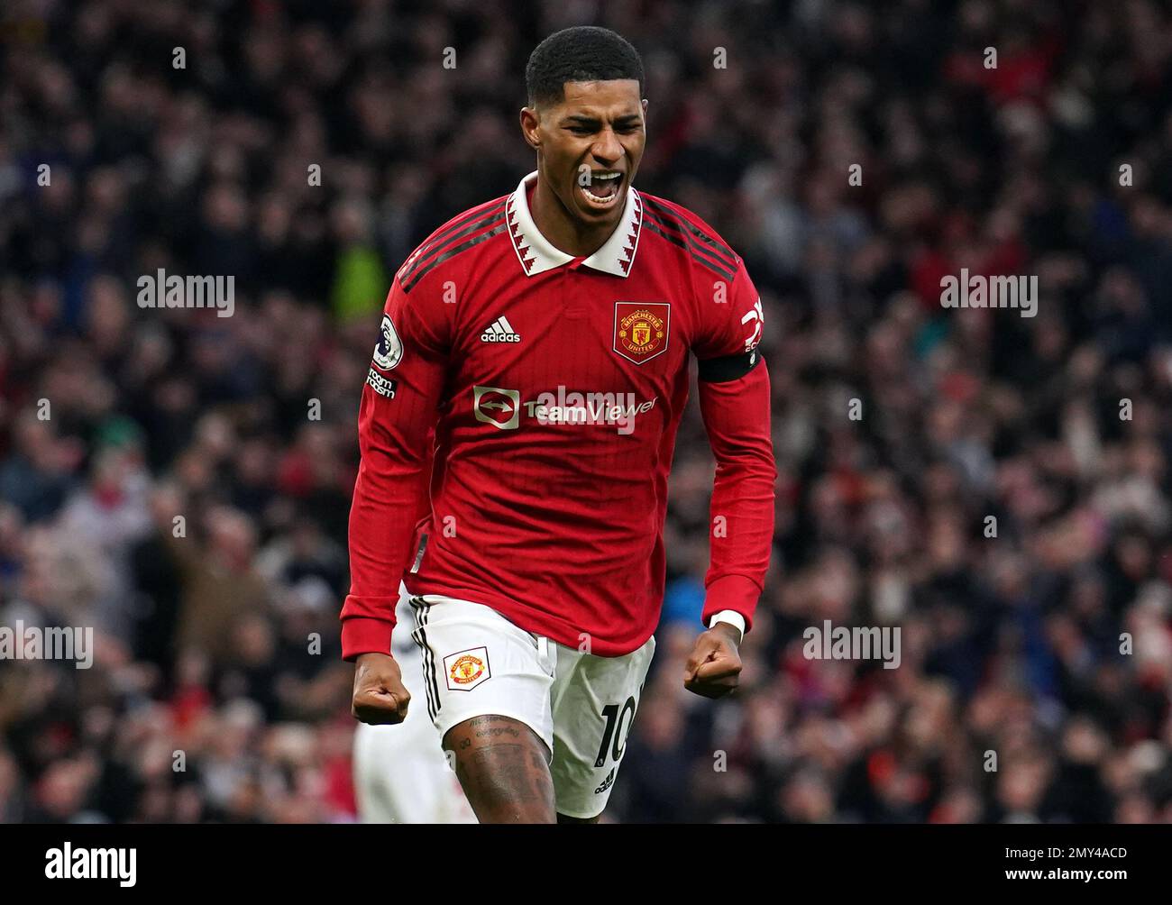 Manchester United's Marcus Rashford celebrates scoring the second goal ...