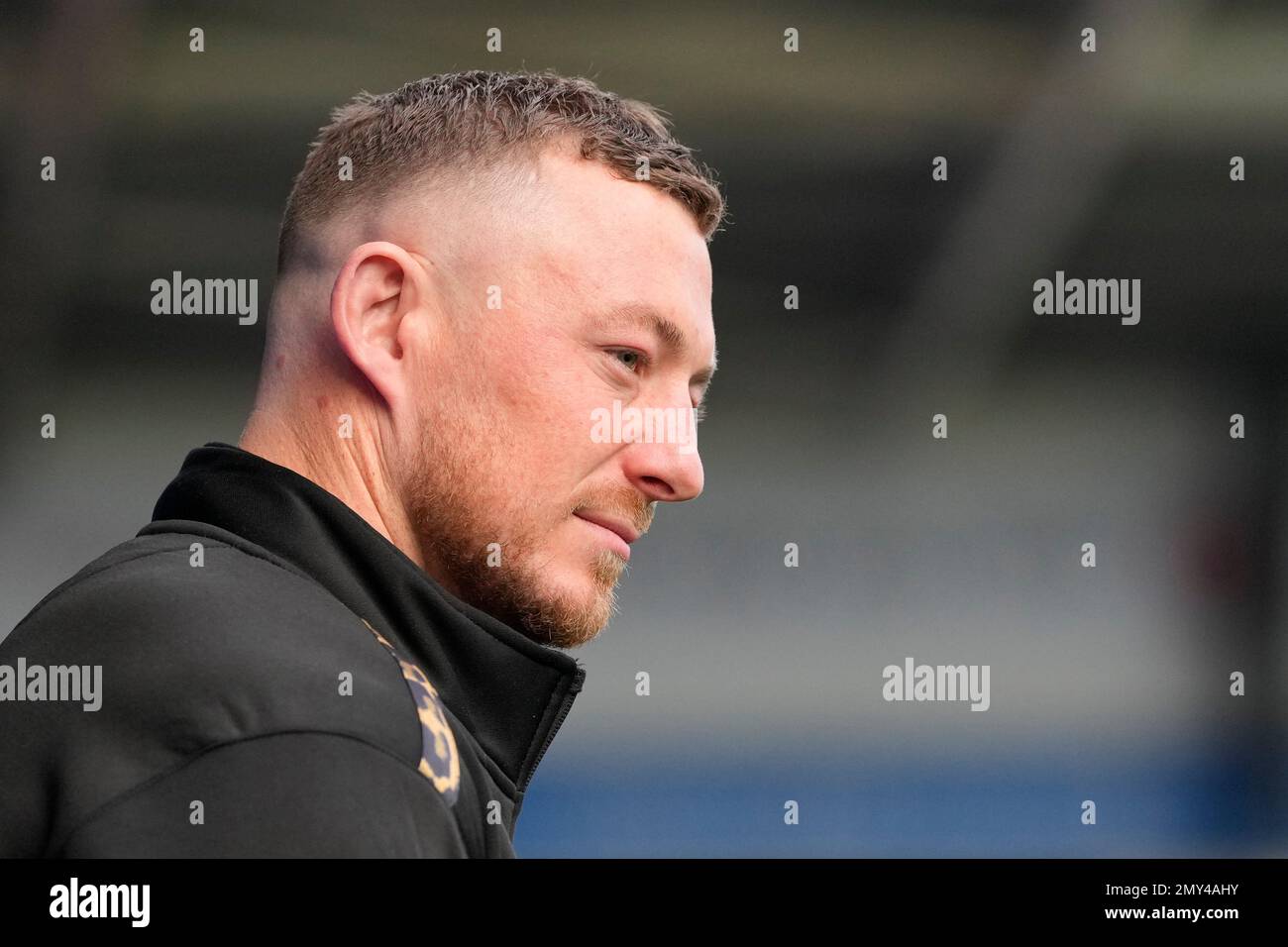 Josh Charnley #5 of Leigh Leopards inspects the pitch before the Rugby ...