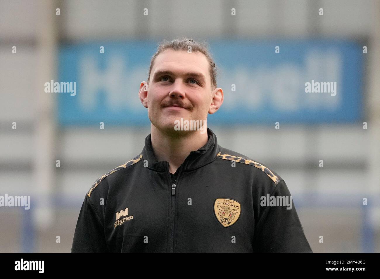 Robbie Mulhern #10 of Leigh Leopards inspects the pitch before the ...