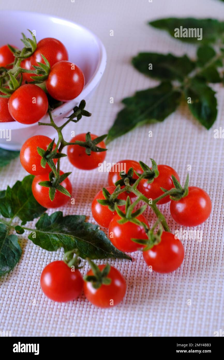 Cherry tomatoes, Bunch of fresh, red tomatoes with green stems, Selective focus Stock Photo - Alamy