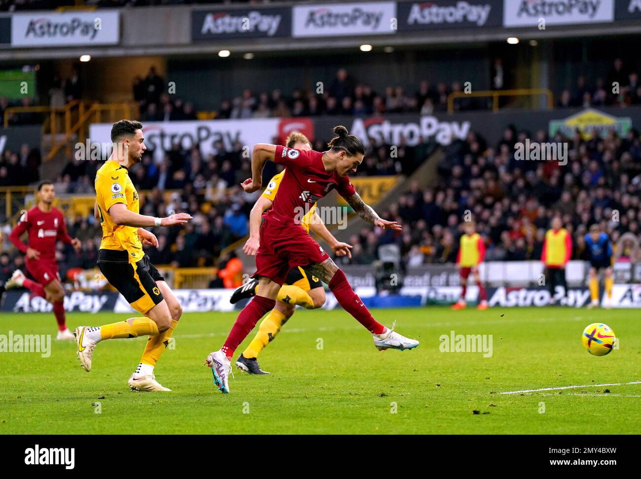 Liverpool's Darwin Nunez attempts a shot on goal during the Premier ...