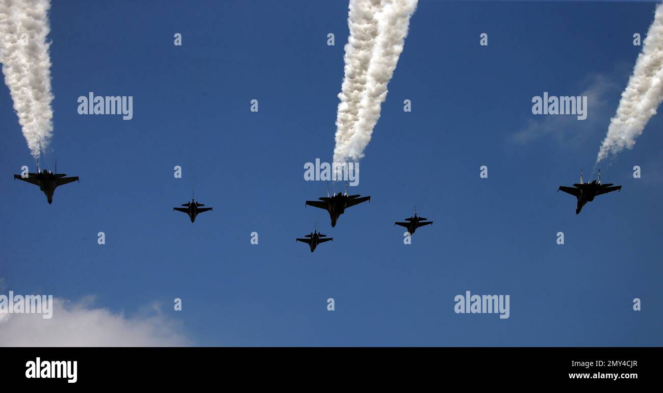 Indonesian Air Force jet fighters fly over during a ceremony to ...