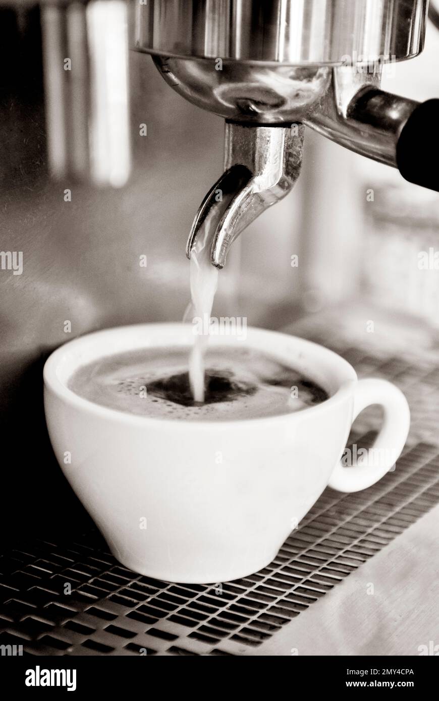 A vertical grayscale of coffee pouring from the coffee machine into a ...