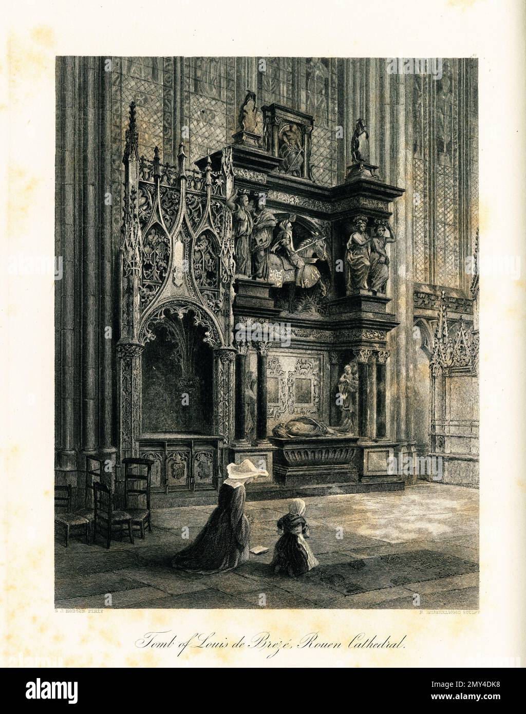 Antique steel engraving of the tomb of Louis de Breze in Rouen ...