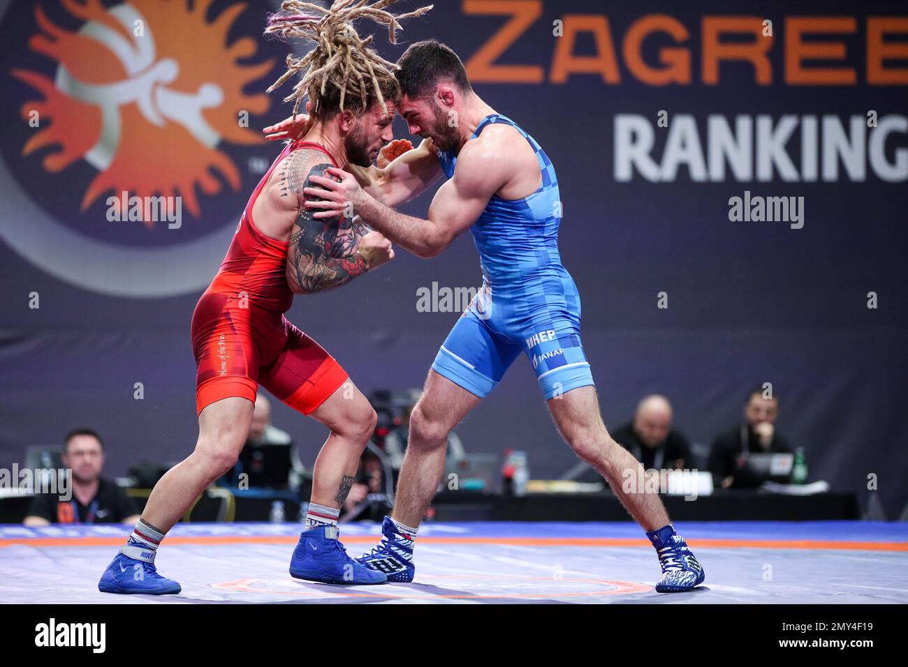 ZAGREB, CROATIA – FEBRUARY 04: Samuel Lee Jones of USA (red) competes ...