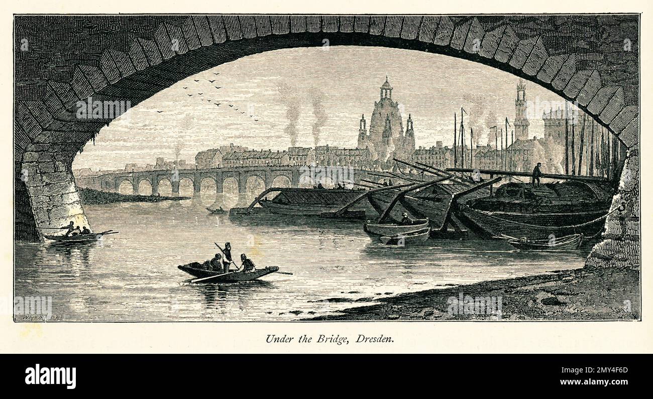 19th-century view under the Augustus Bridge, the oldest bridge in ...