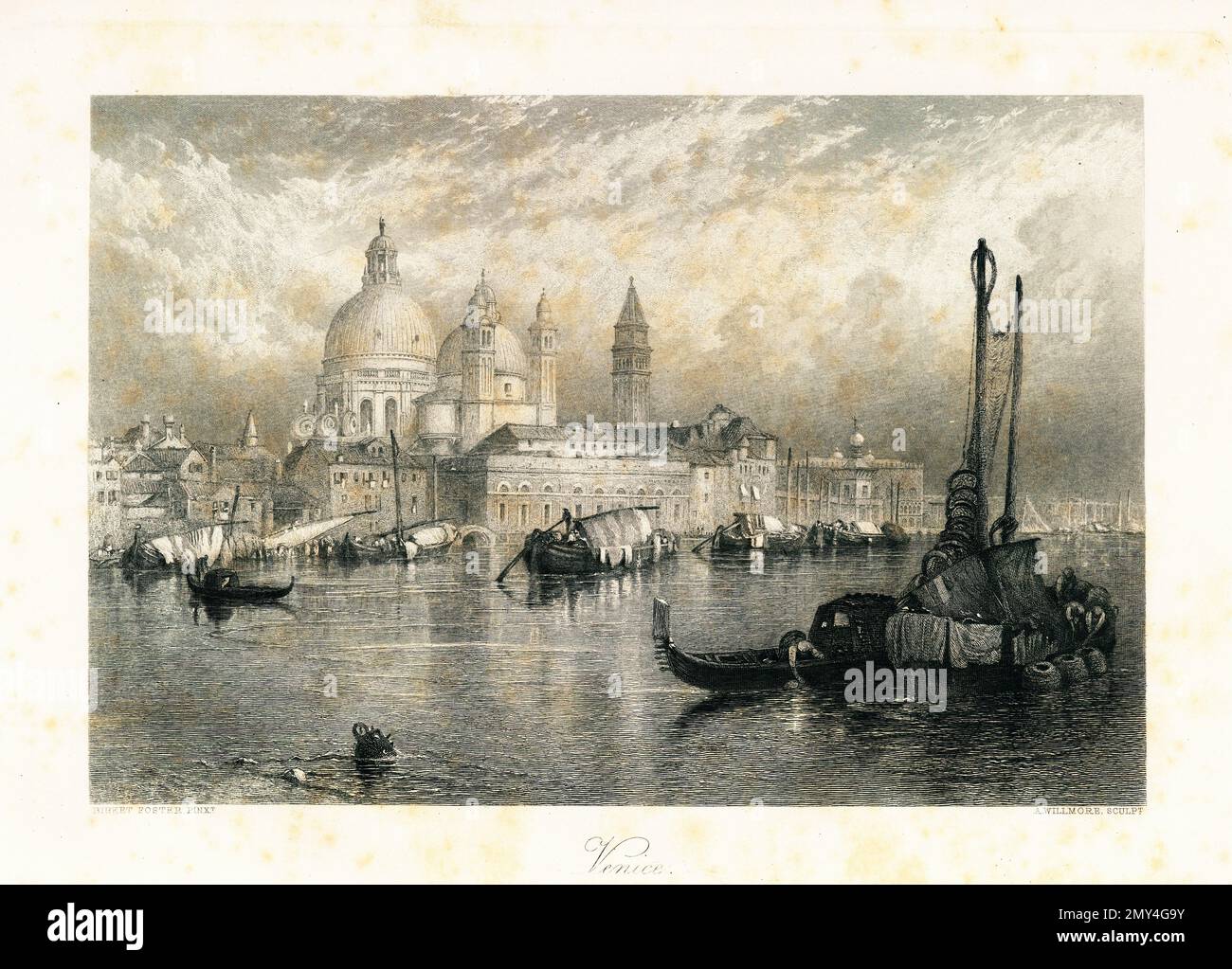 Antique illustration of Venice, a famous city in Italy. Engraving ...