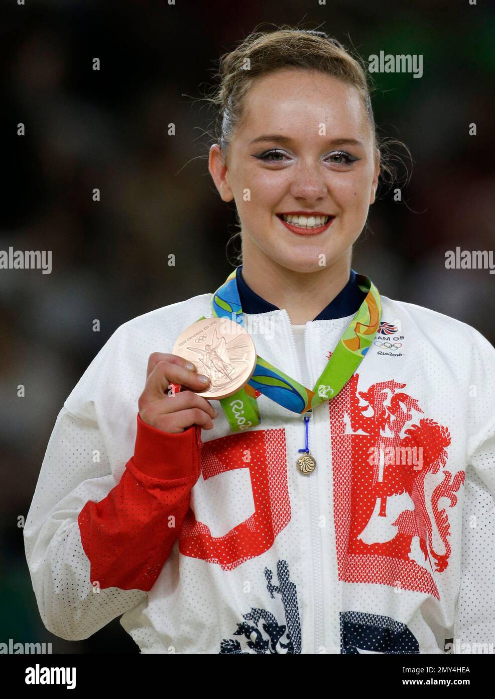 Britain's Amy Tinkler displays her bronze medal for floor during the ...
