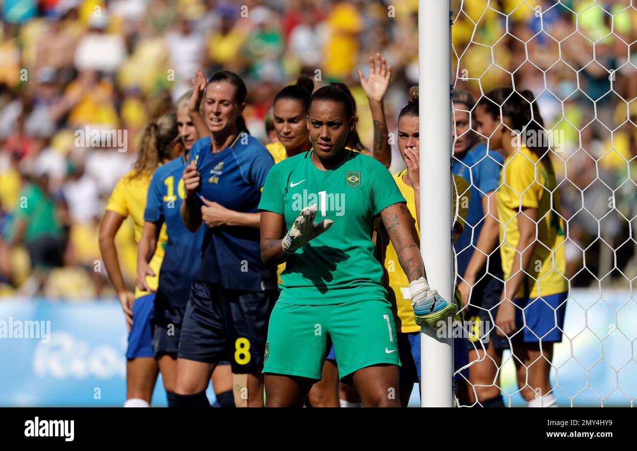 Brazil goalkeeper Barbara takes position before a corner kick during a ...