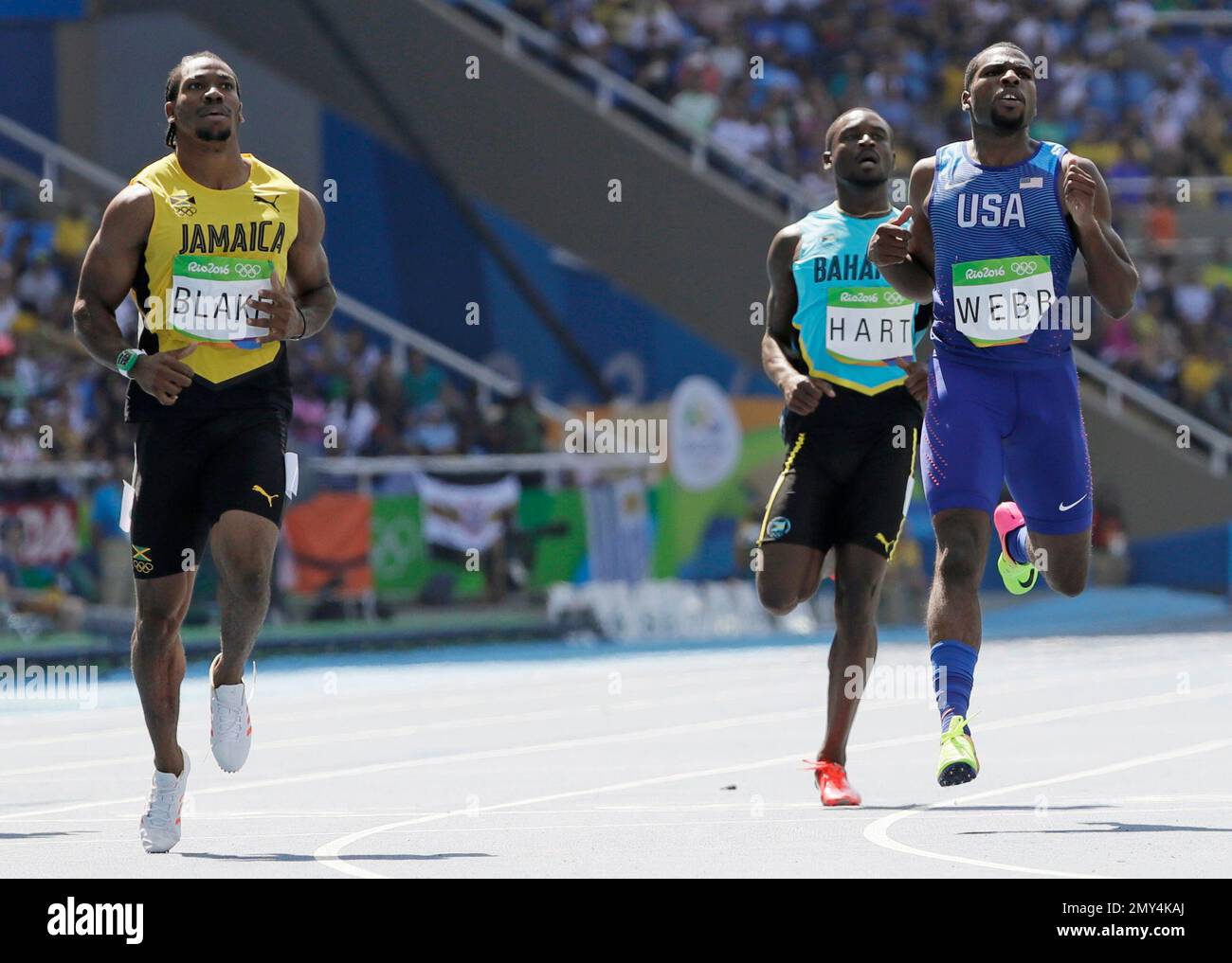 Jamaica's Yohan Blake, left, and United States' Ameer Webb, right ...