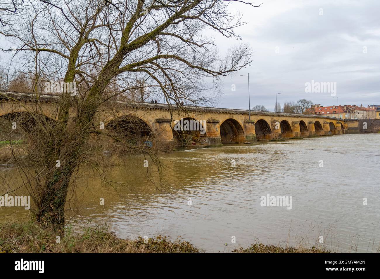Big stone bridge seen in Metz, a city in the Lorraine region located in ...