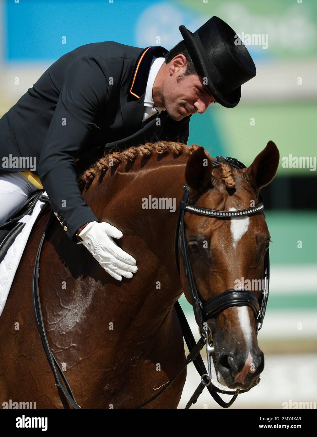 Spain's Severo Jesus Jurado Lopez, riding Lorenzo, reacts after ...