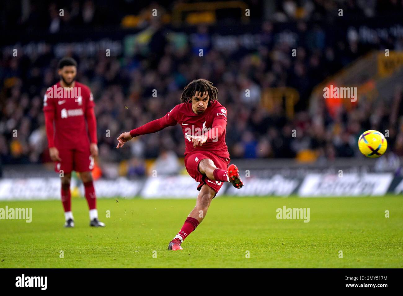 Liverpool's Trent Alexander-Arnold takes a free kick during the Premier ...