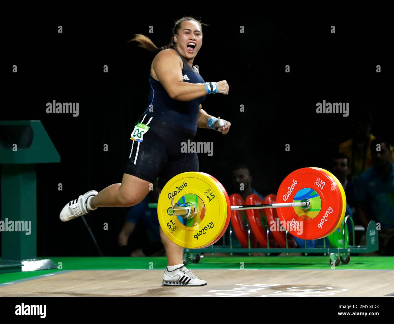 Luisa Fatiaki Taitapu Peters, of the Cook Islands, celebrates after a ...