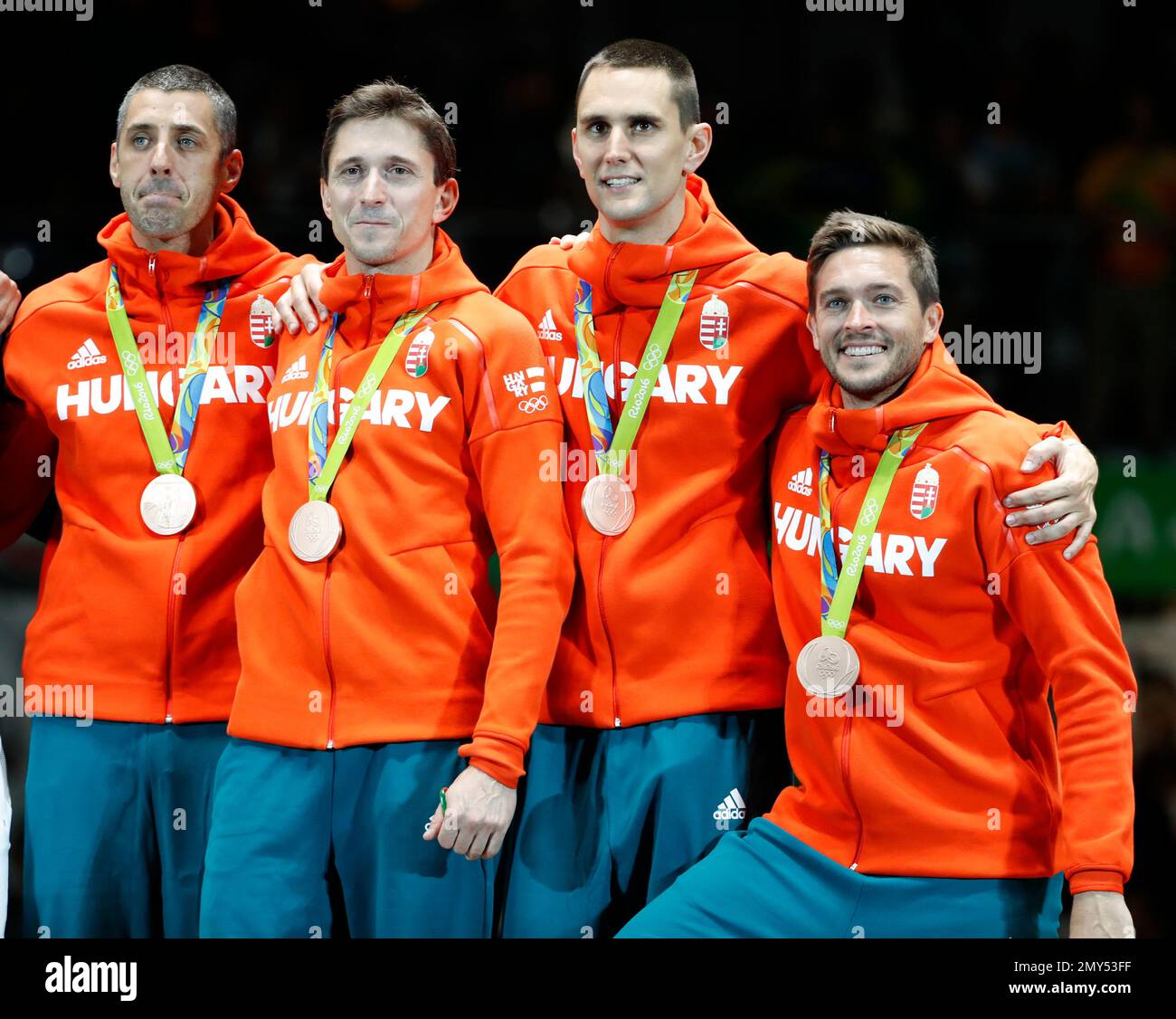 Hungary Fencing team celebrate with the medals they won bronze at men's ...
