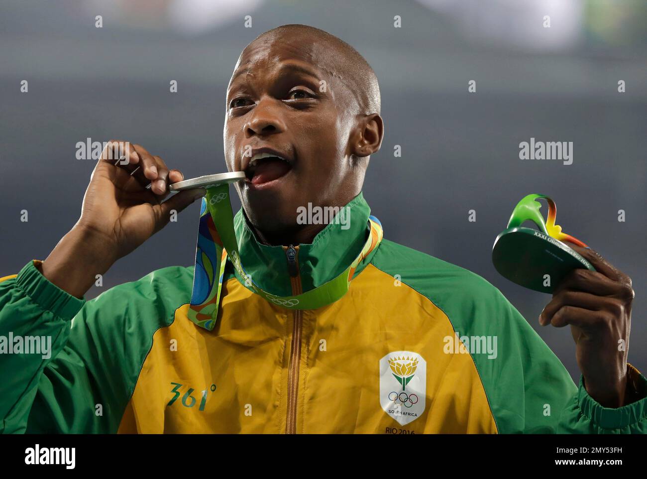 South Africa's Luvo Manyonga poses with his silver medal during the ...