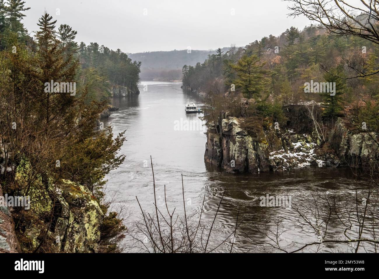 Dalles of the St. Croix River with Angle Rock and the Taylors Falls Queen Riverboat at dock in ...