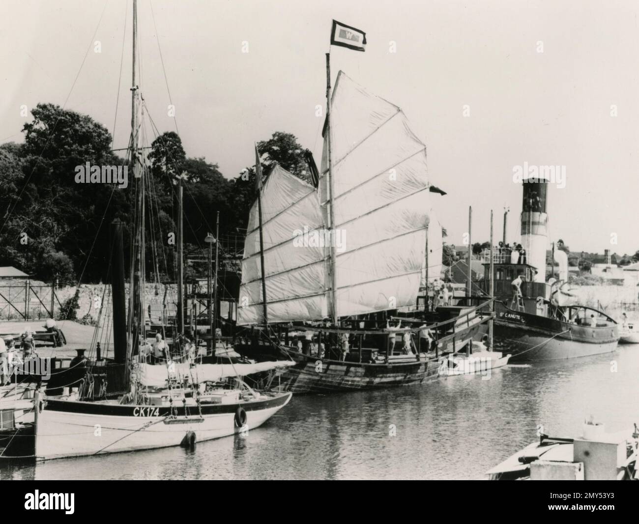 A Chinese Junk prepares to sail from Exeter Maritime Museum, UK 1980s ...