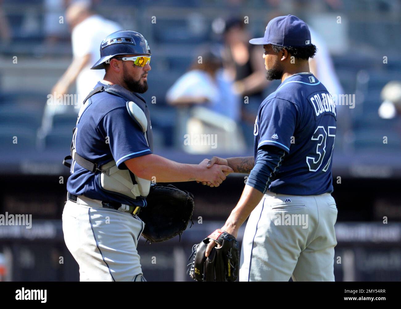 Tampa Bay Rays catcher Bobby Wilson, left, celebrates with pitcher Alex ...