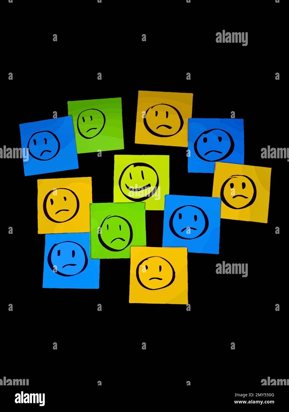 sad and happy faces on office notes representing feelings, emotion, and ...