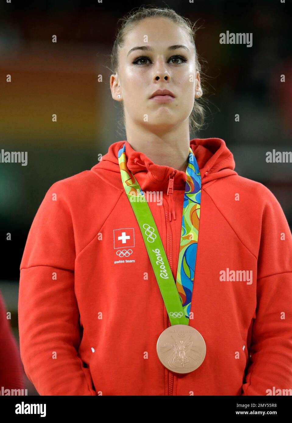 Switzerland's Giulia Steingruber stands for the medal ceremony for the vault during the artistic ...