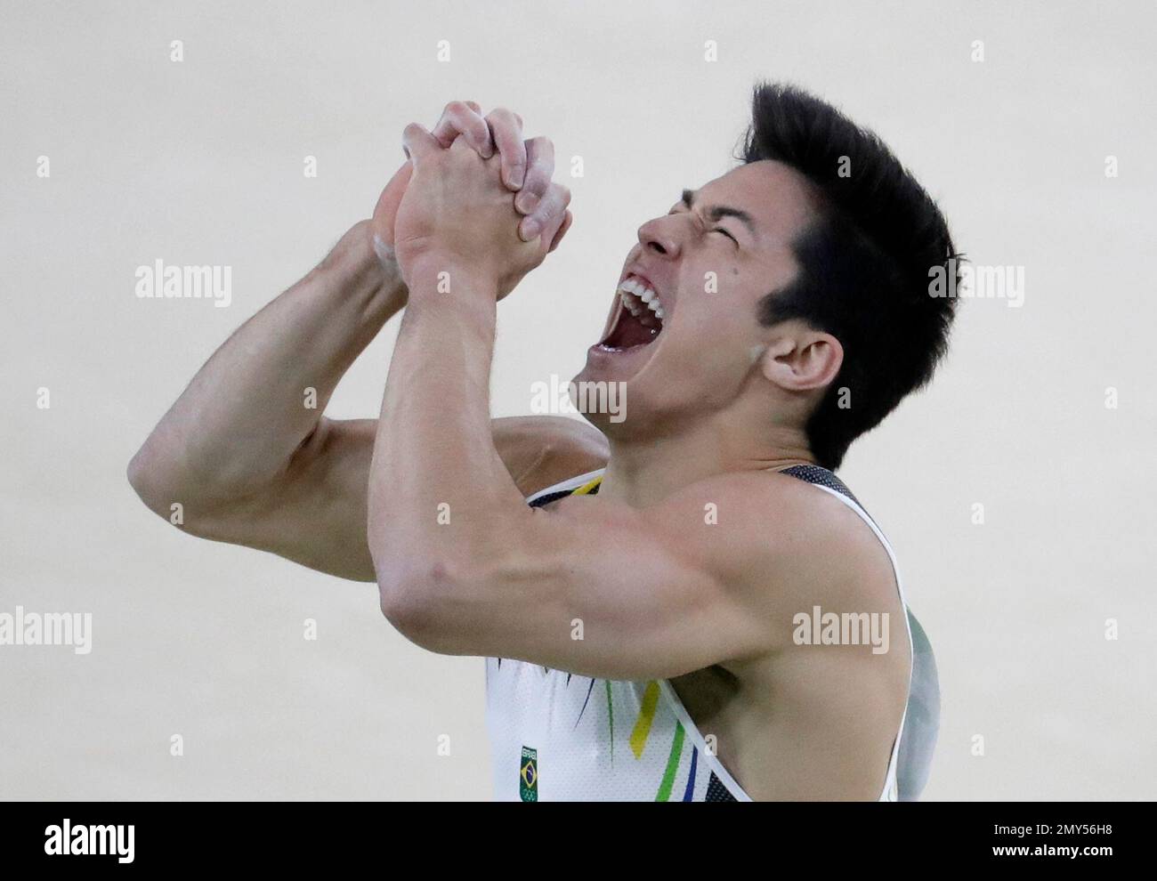 Brazil's Arthur Mariano celebrates after her performance on the floor ...