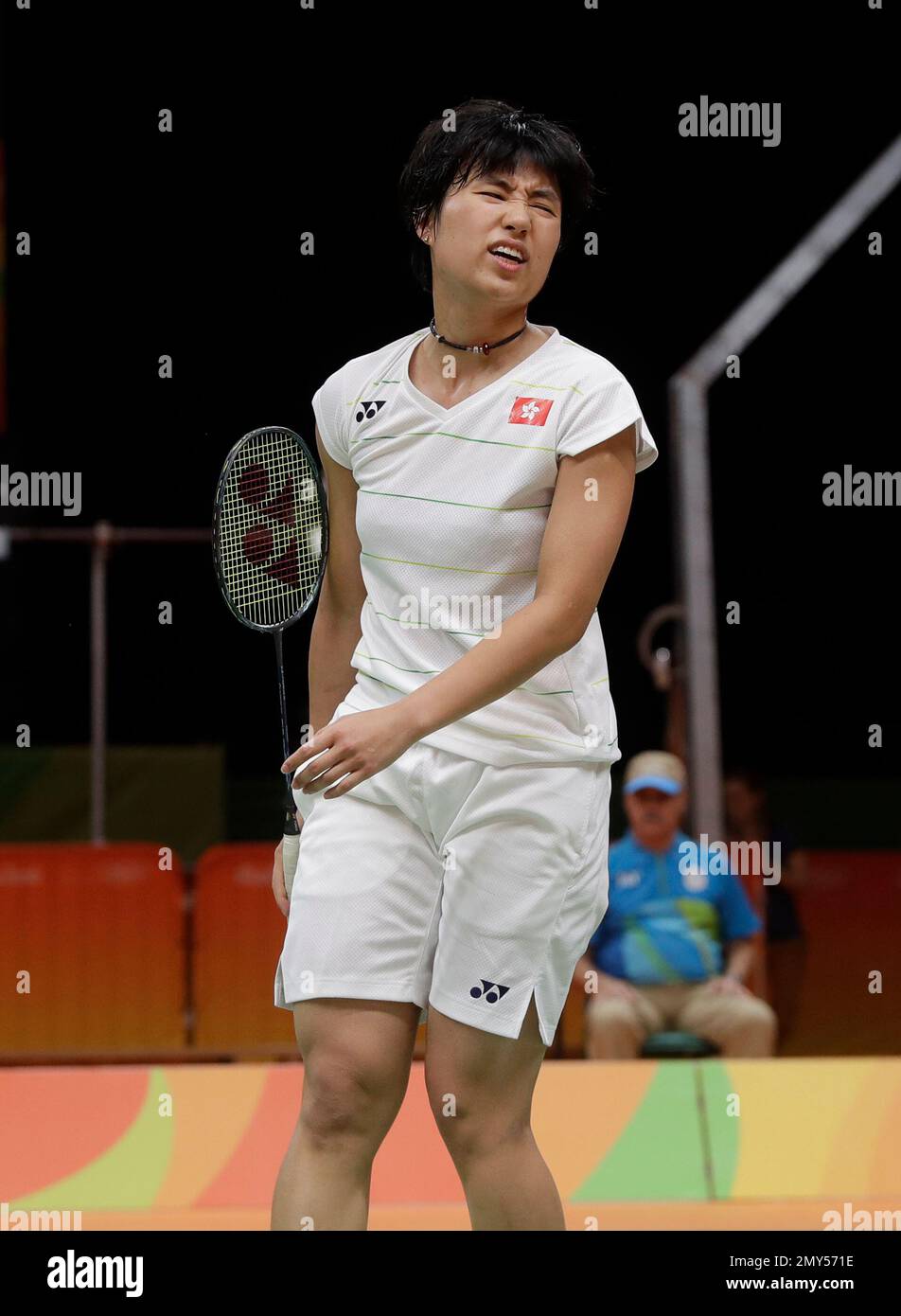 Hong Kong's Yip Pui Yin reacts after losing a point to Thailand's Ratchanok Intanon during a ...