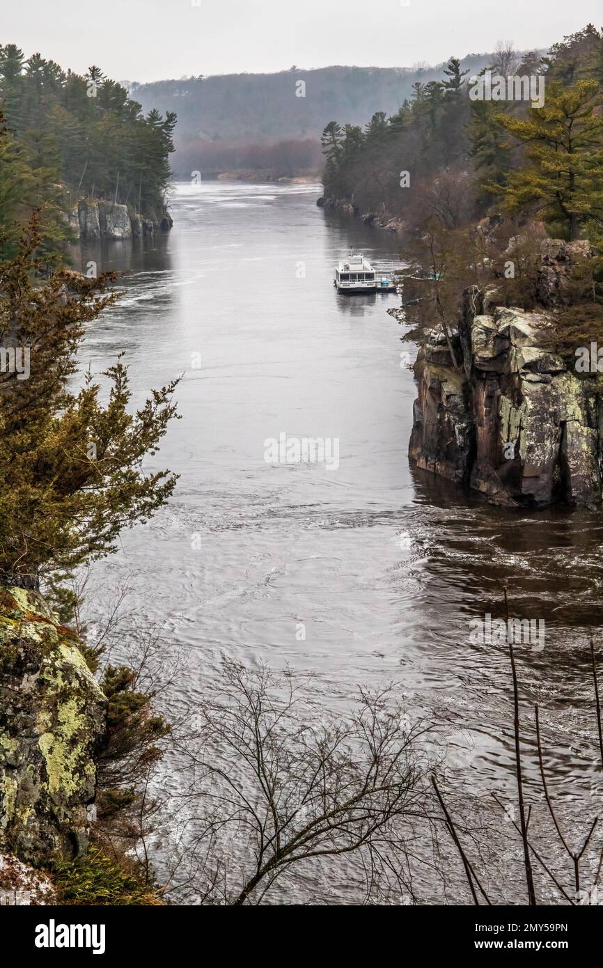 Dalles of the St. Croix River with the Taylors Falls Queen at dock on the river in Interstate ...