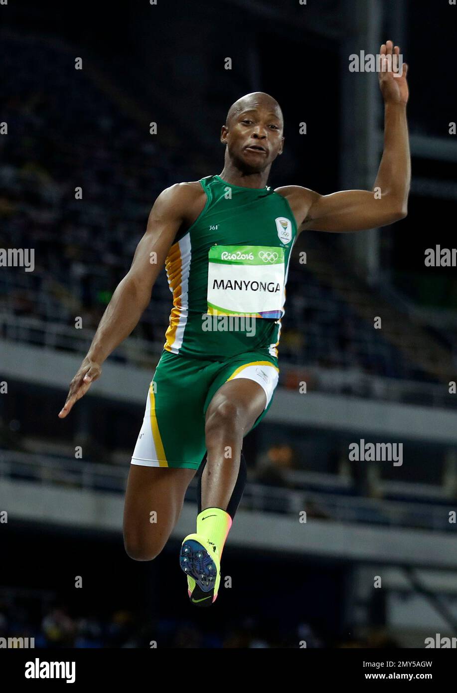 South Africa's Luvo Manyonga makes an attempt in the men's long jump ...