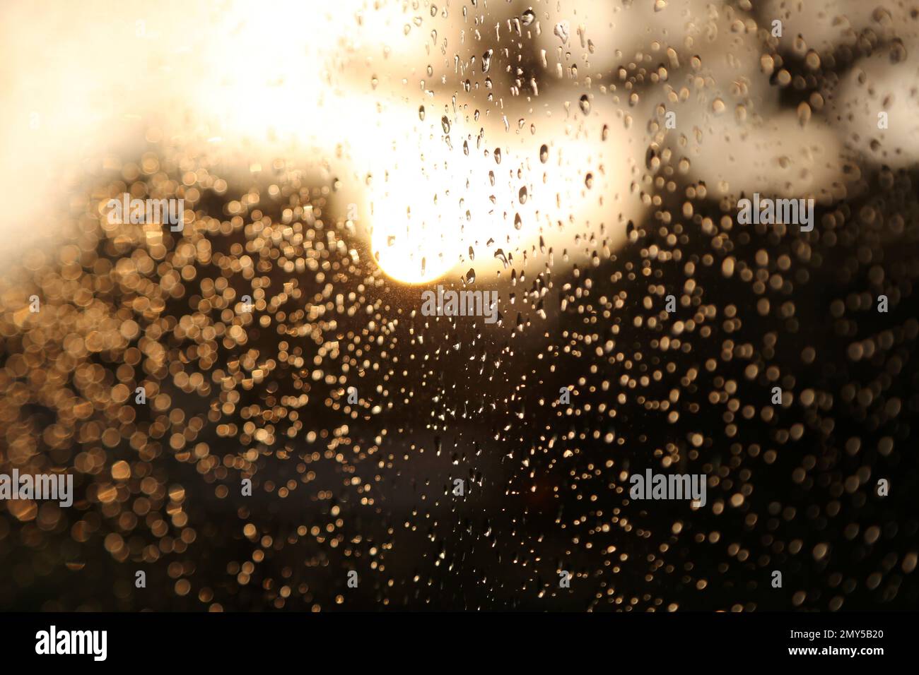 Window with raindrops on the pane and the sun backlighting Stock Photo ...