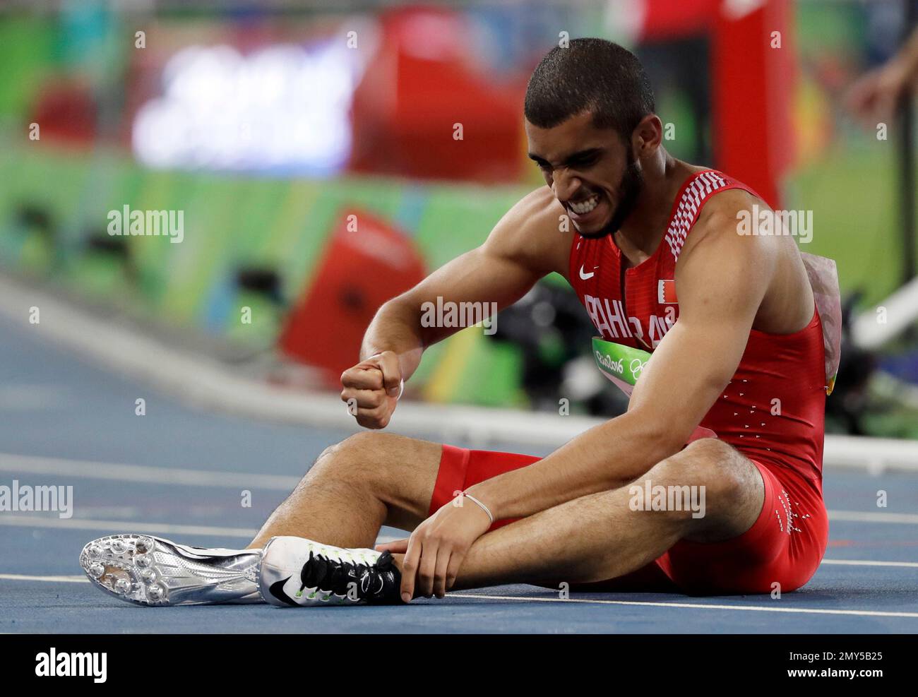 Bahrain's Ali Khamis after competing in a men's 400-meter semifinal ...