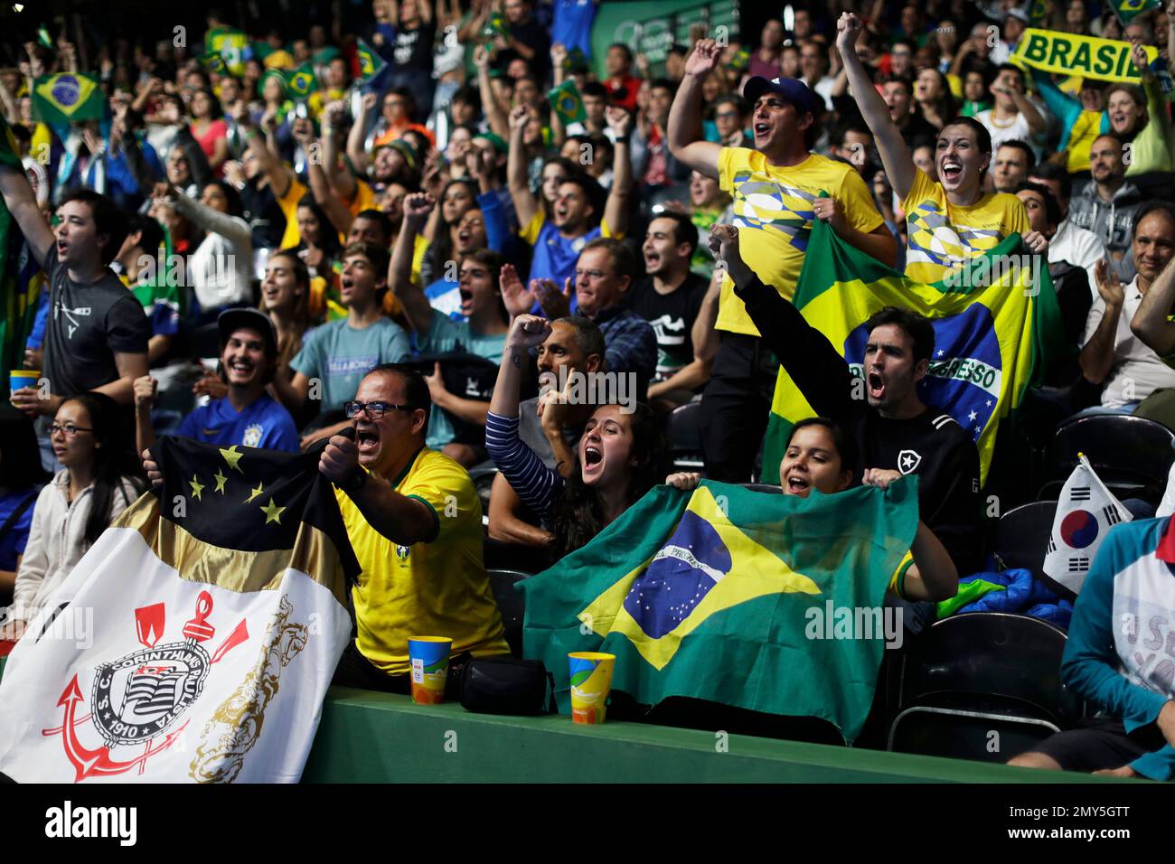 Spectators cheer and wave Brazilian flags during Men's team table ...