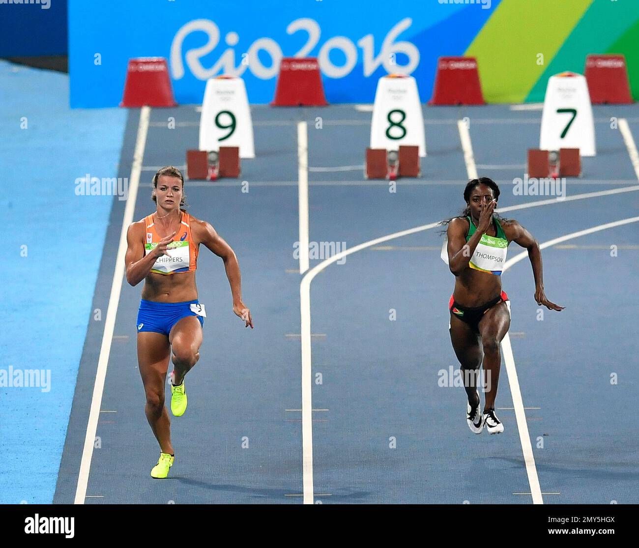 Netherlands' Dafne Schippers, left, and Guyana's Brenessa Thompson ...