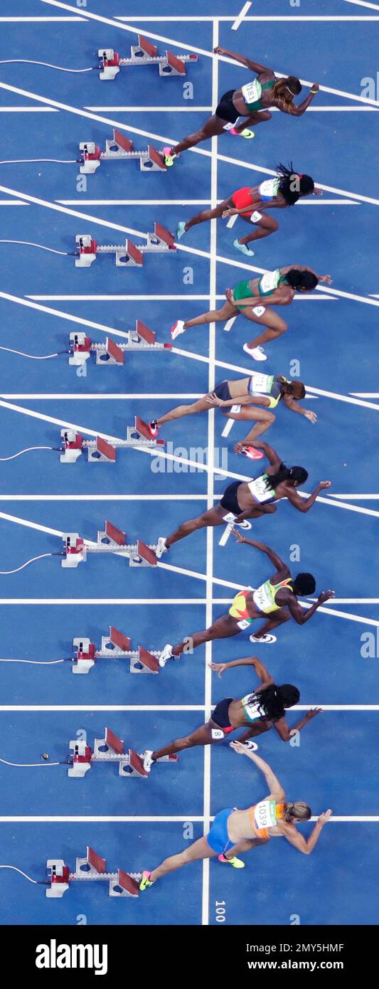 Runners start a 100 meter heat during the athletics competitions of the ...