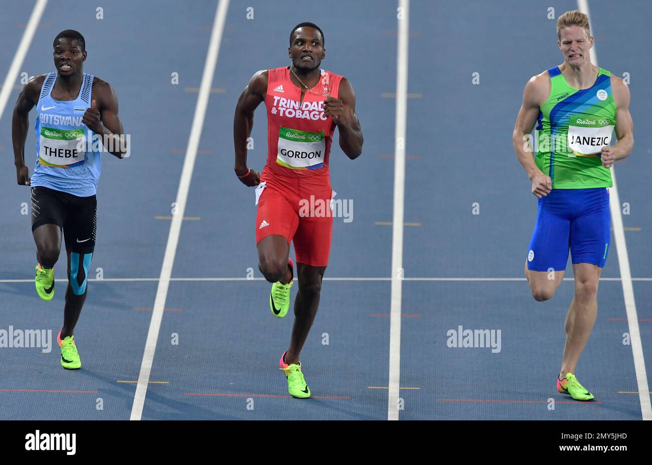 Trinidad and Tobago's Lalonde Gordon, center, Slovenia's Luka Janezic ...