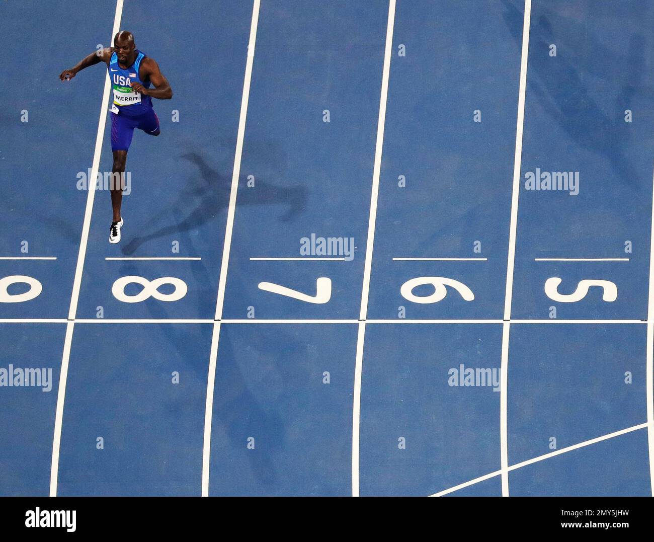 United States' Lashawn Merritt finishes a 400 meter heat during the ...
