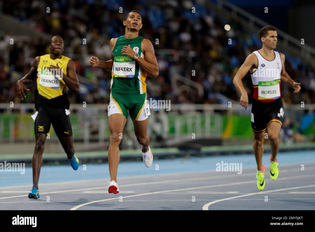 South Africa's Wayde van Niekerk, center, Jamaica's Javon Francis, left ...