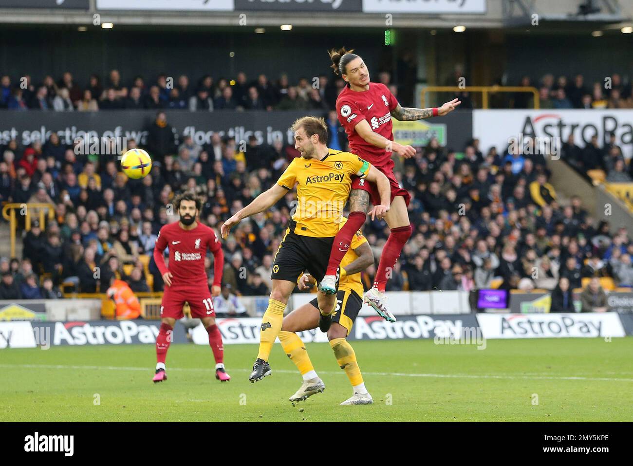 Wolverhampton, UK. 04th Feb, 2023. Darwin Nunez of Liverpool (r) wins a ...