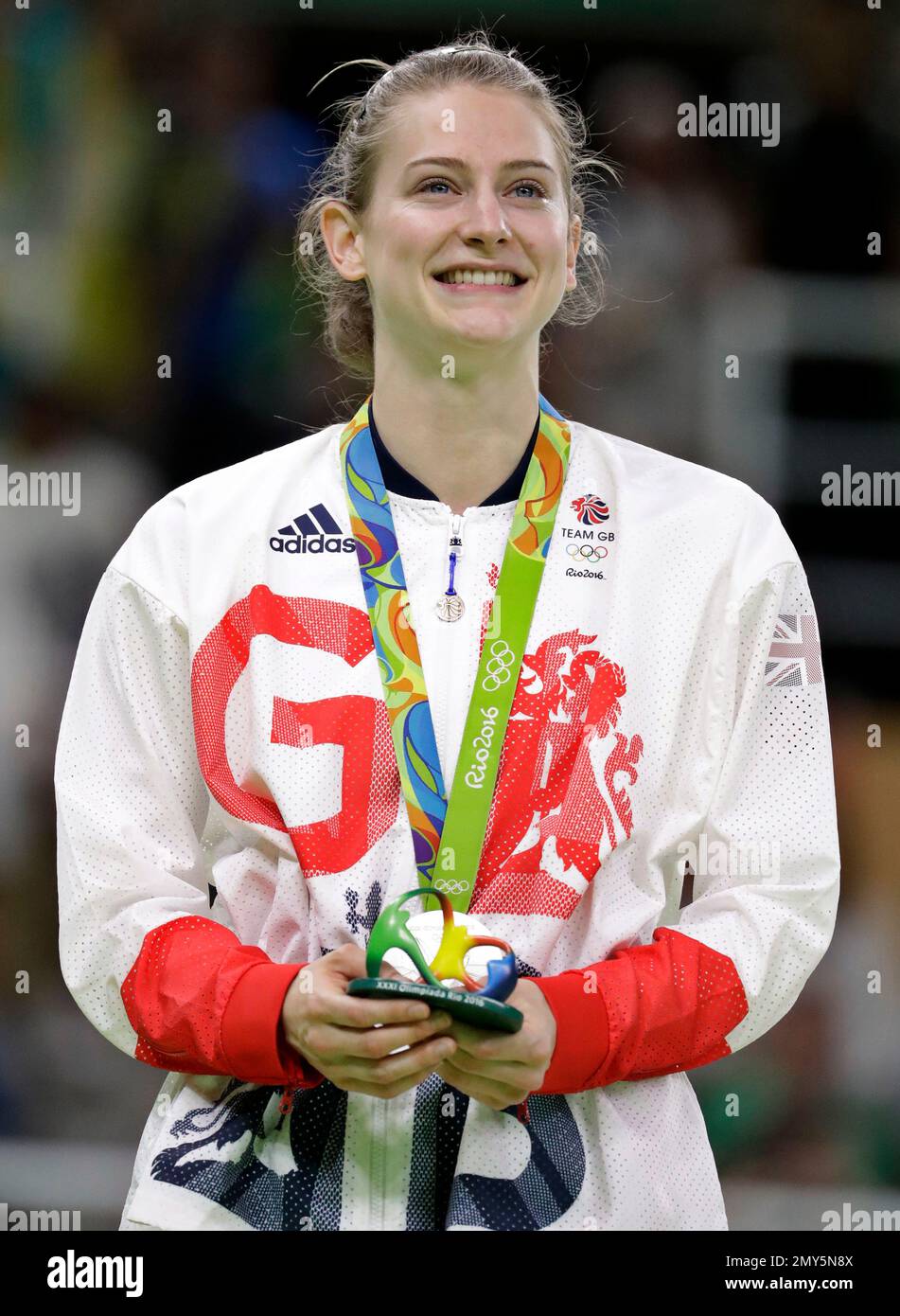 Britain's Bryony Page celebrates on the podium after winning the silver ...