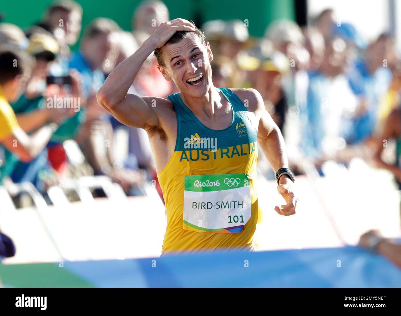 Dane Bird-Smith, of Australia, reacts with surprise as he approaches ...