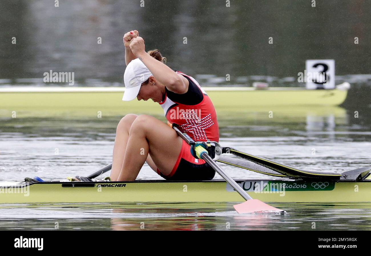 Jeanine Gmelin, of Switzerland, reacts after competing in the women's ...