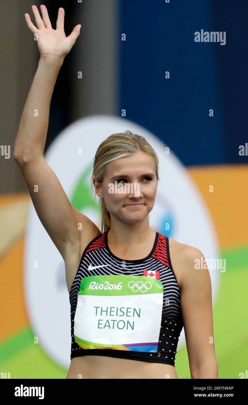 Canada's Brianne Theisen Eaton waves before competing in a heat of the ...