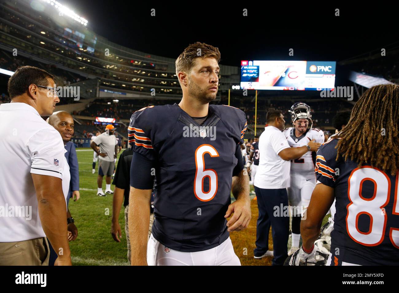 Chicago Bears quarterback Jay Cutler (6) walks off the field following ...