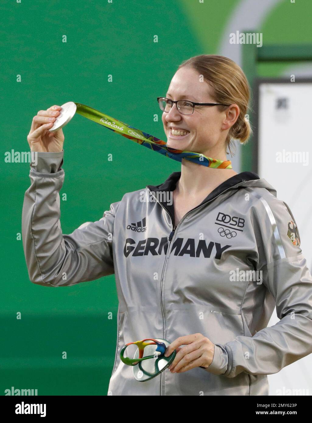 Silver medalist Lisa Unruh of Germany celebrates at the awards ceremony ...