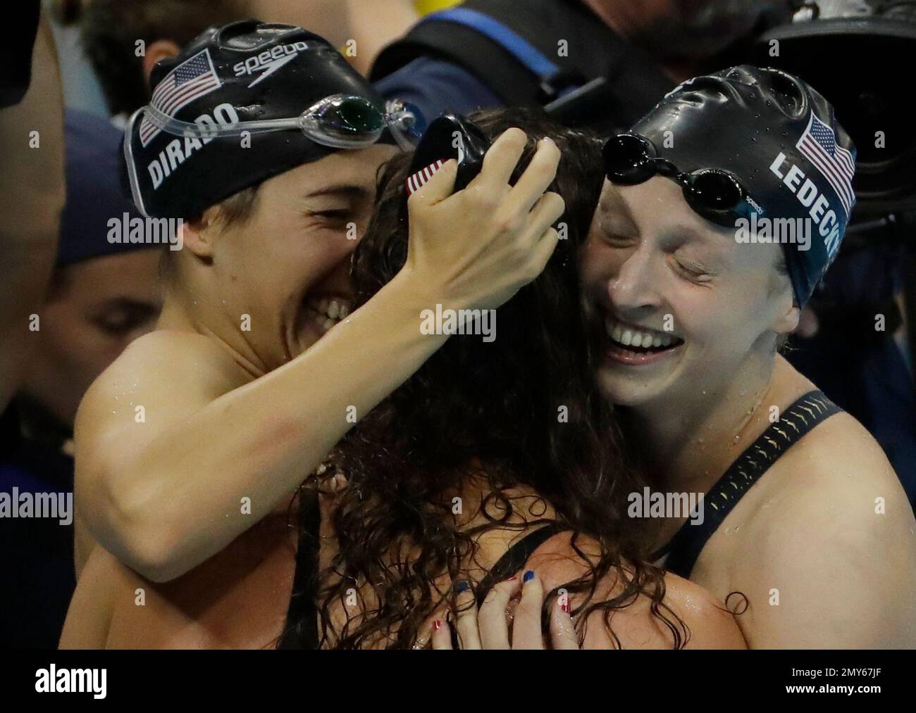 United States' Maya DiRado, left, Allison Schmitt, and Katie Ledecky ...