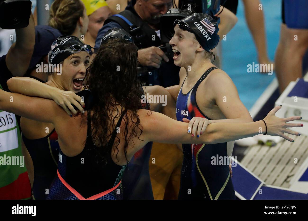 United States' Maya DiRado, left, Allison Schmitt, back to camera, Leah ...