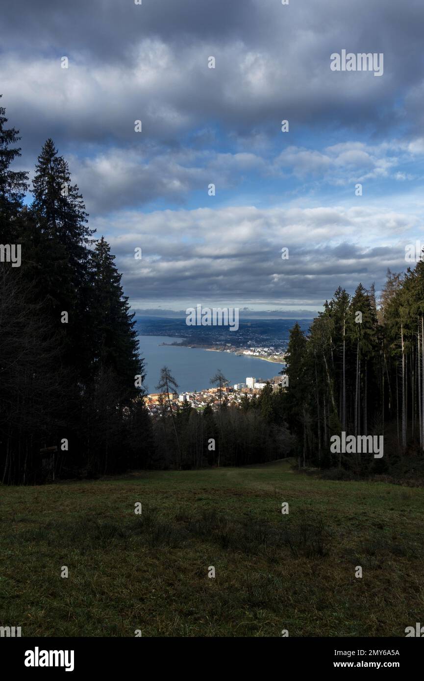 View from the mountain "Pfänder" down onto the bay of Bregenz and the ...
