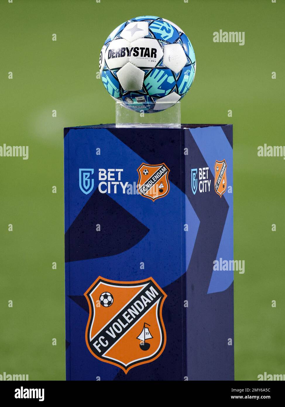 VOLENDAM, NETHERLANDS - FEBRUARY 4: Derbystar Football on a pedestal ...